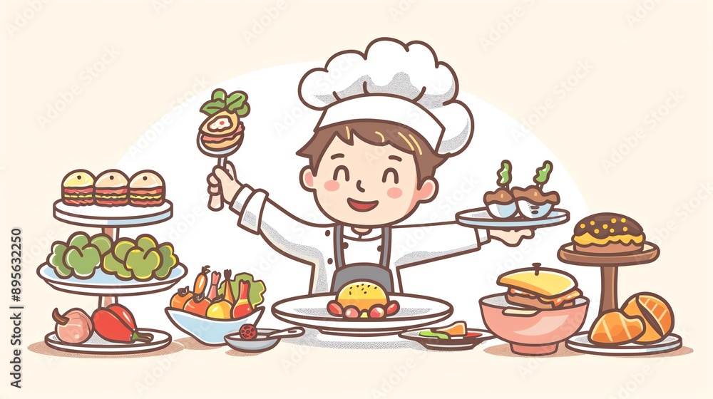 Create a vector clipart of a Chef serving a fancy multicourse mealin a ...