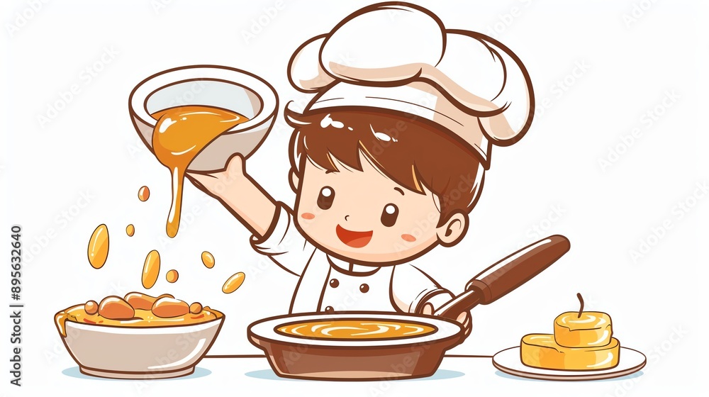 Create a vector clipart of a Chef pouring sauce over a dishin a kawaii ...
