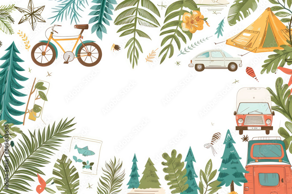 cartoon travel maps, cars, camping gear, adventurist border with white ...