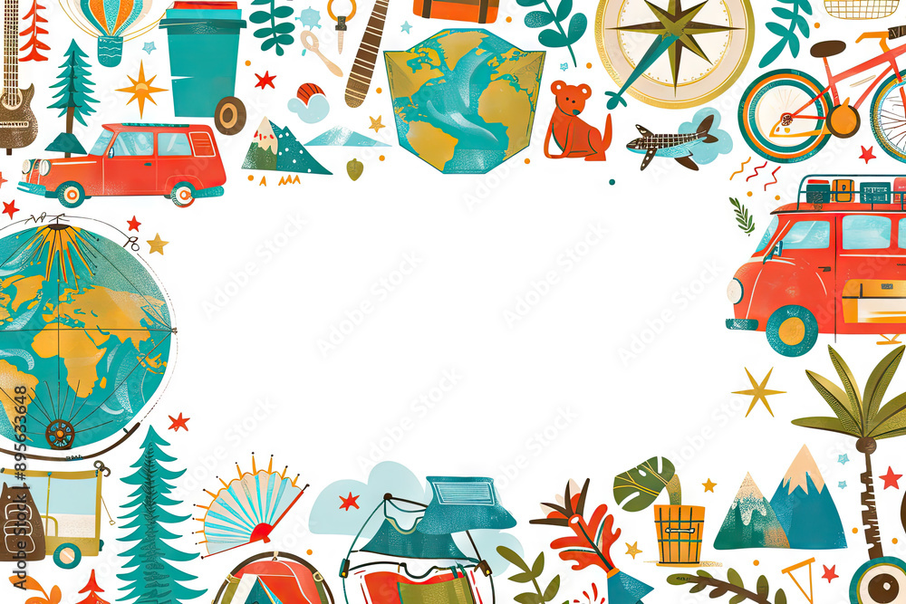 cartoon travel maps, cars, camping gear, adventurist border with white ...