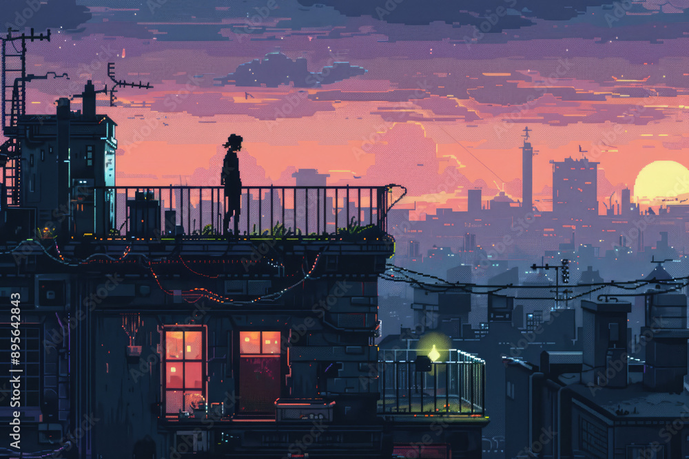rooftop rampage, pixel art landscape, dark color scheme, dusk Stock ...