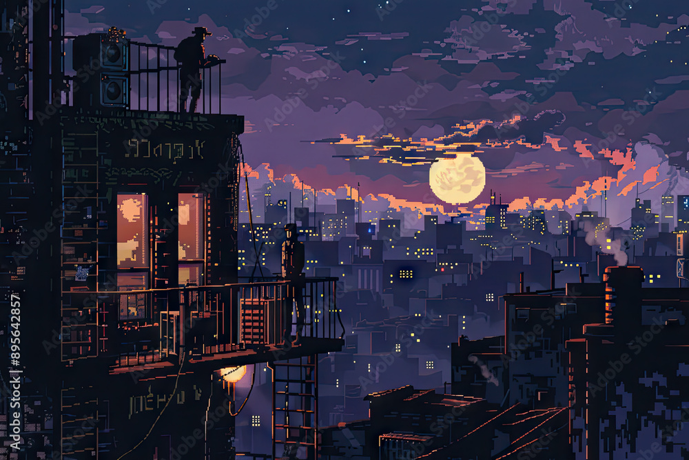 rooftop rampage, pixel art landscape, dark color scheme, dusk Stock ...