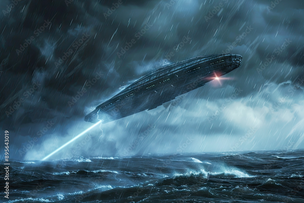 alien mothership using a laser beam on the open ocean during a tempest ...