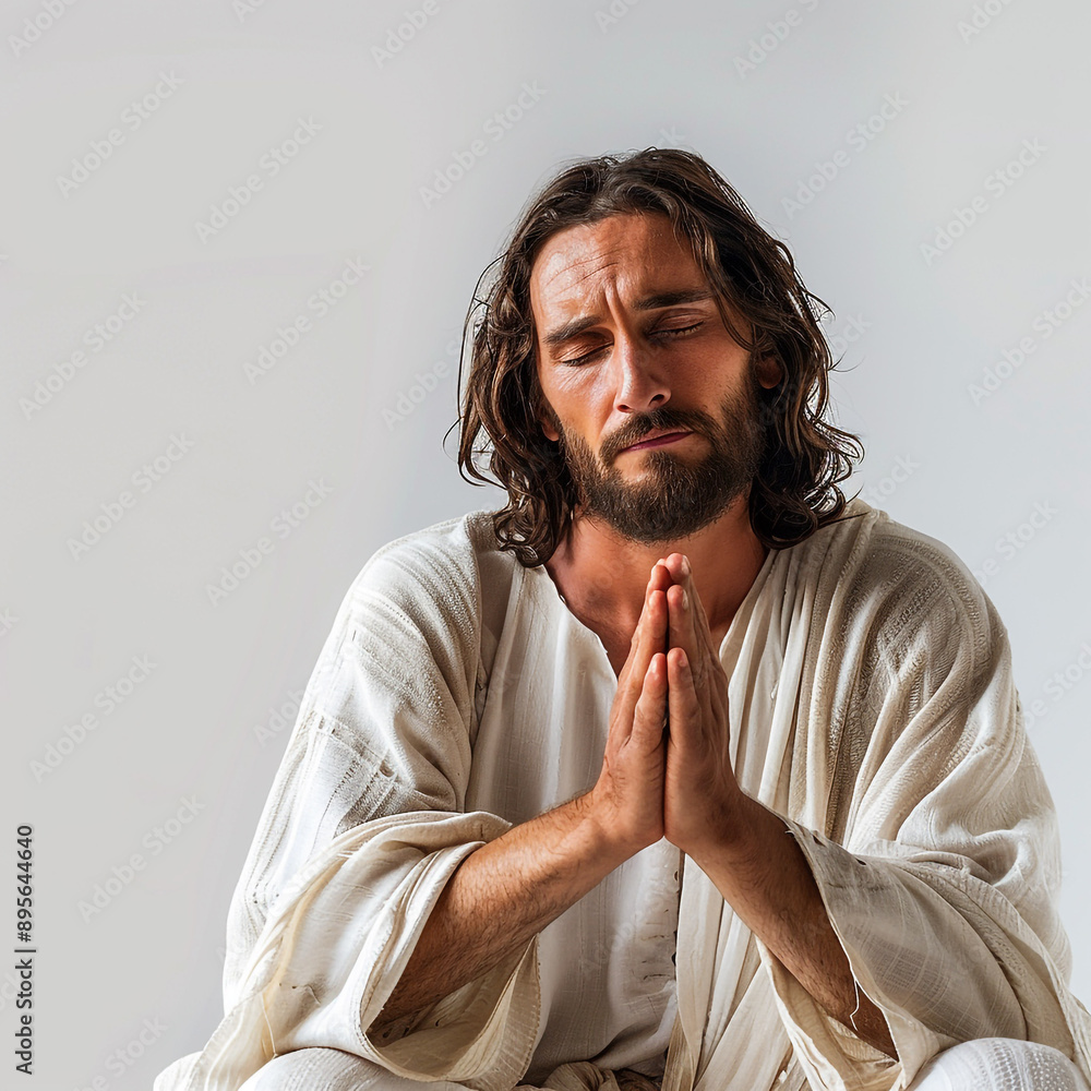 Jesus Christ in prayer isolated on a gray background. For religious ...