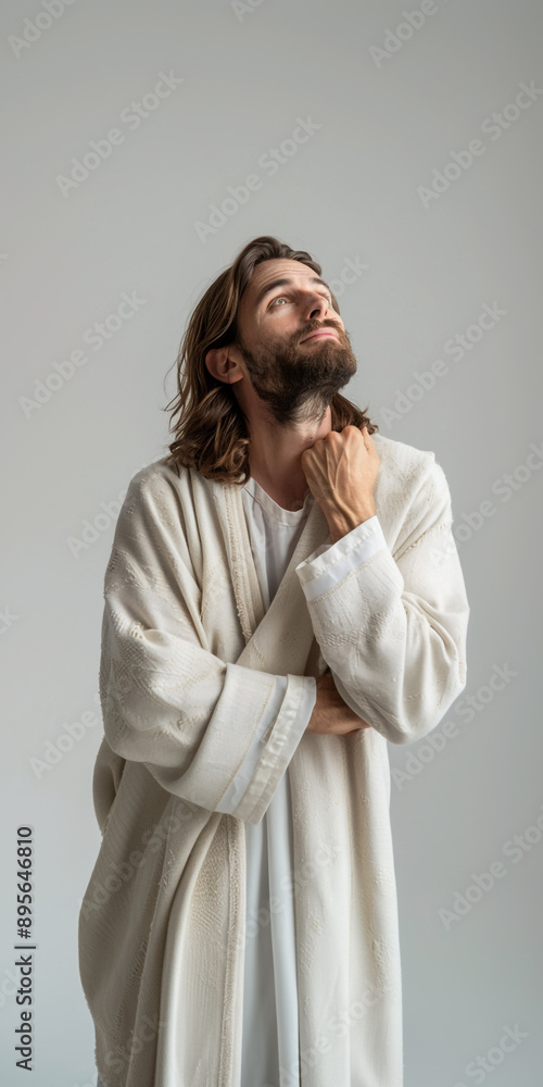 Jesus Christ looks inquiringly and emotionally. Prayer. Isolated on a ...