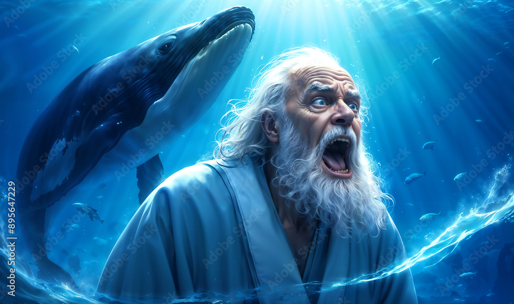 High detailed art illustration of the bible story Jonah and the whale ...