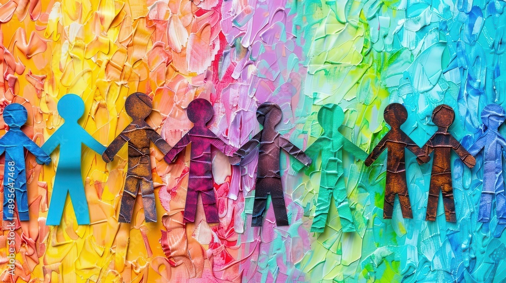 diverse paper cutout figures joining hands in unity vibrant colors and textures creating a ...