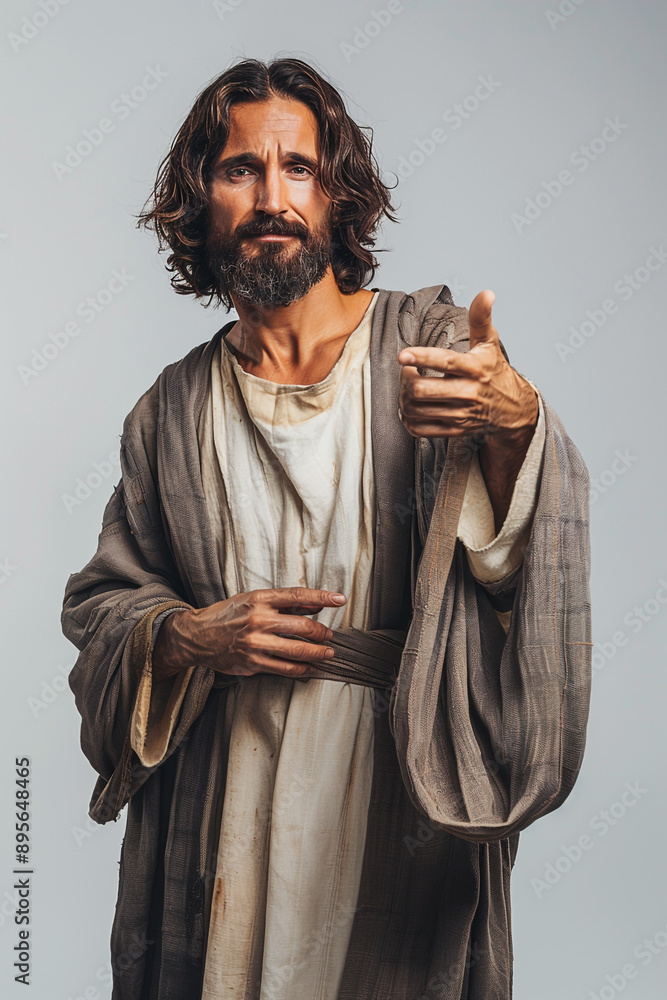 Jesus Christ shows something emotionally, asks, sermon. Isolated on a ...