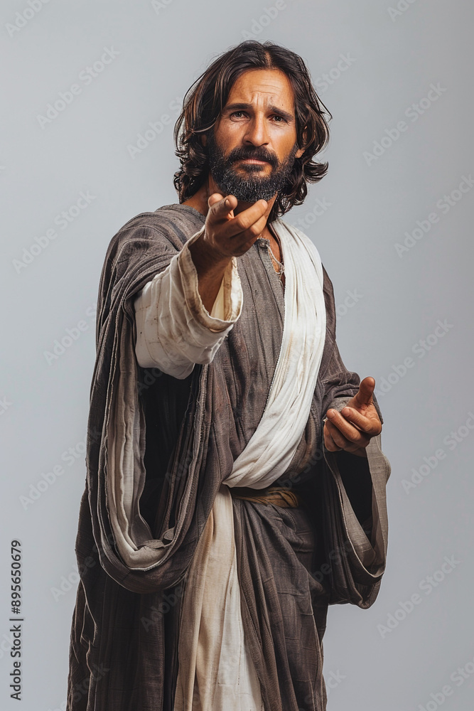 Jesus Christ shows something emotionally, asks, sermon. Isolated on a ...