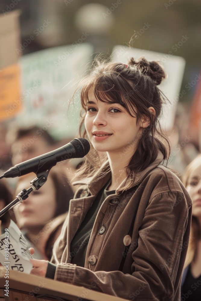 Environmental advocate giving a passionate speech at a rally, standing ...