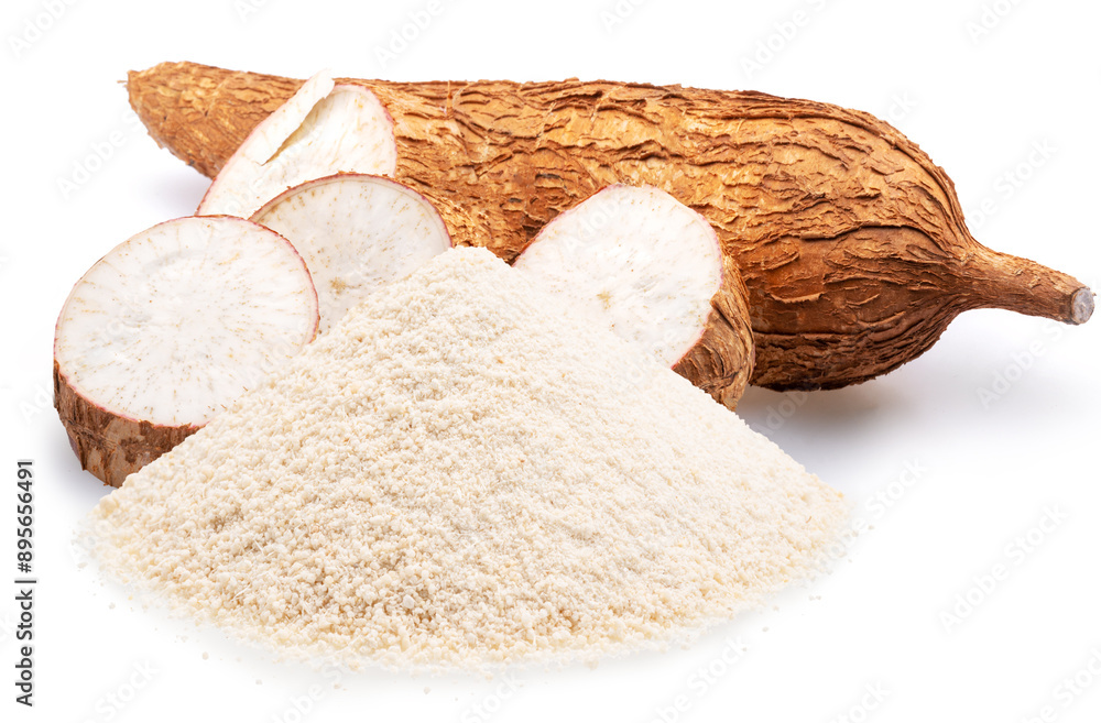 Poster Cassava tubers and cassava flour isolated on white background ...