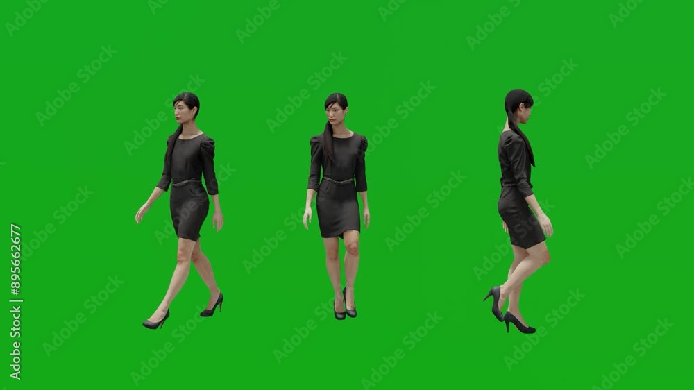 render Woman in black dress walking with three angles green screen 3d ...