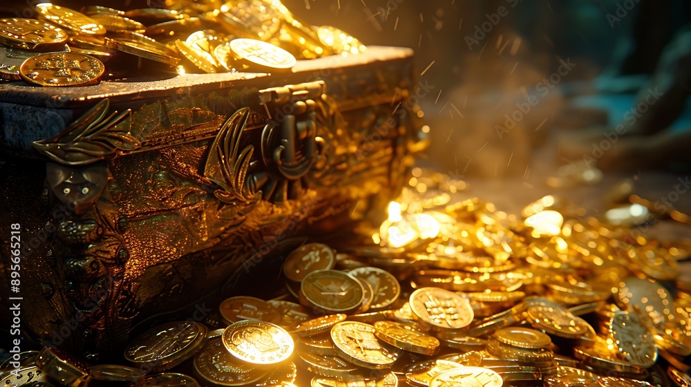 A high resolution image showing gold coins spilling out of an ancient ...