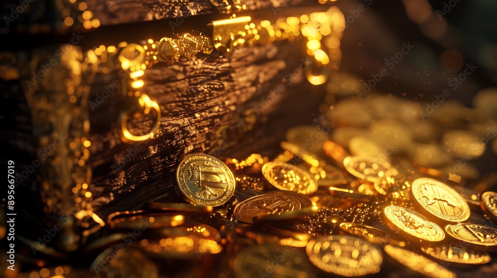 A dramatic depiction of gold coins cascading from an old treasure chest ...
