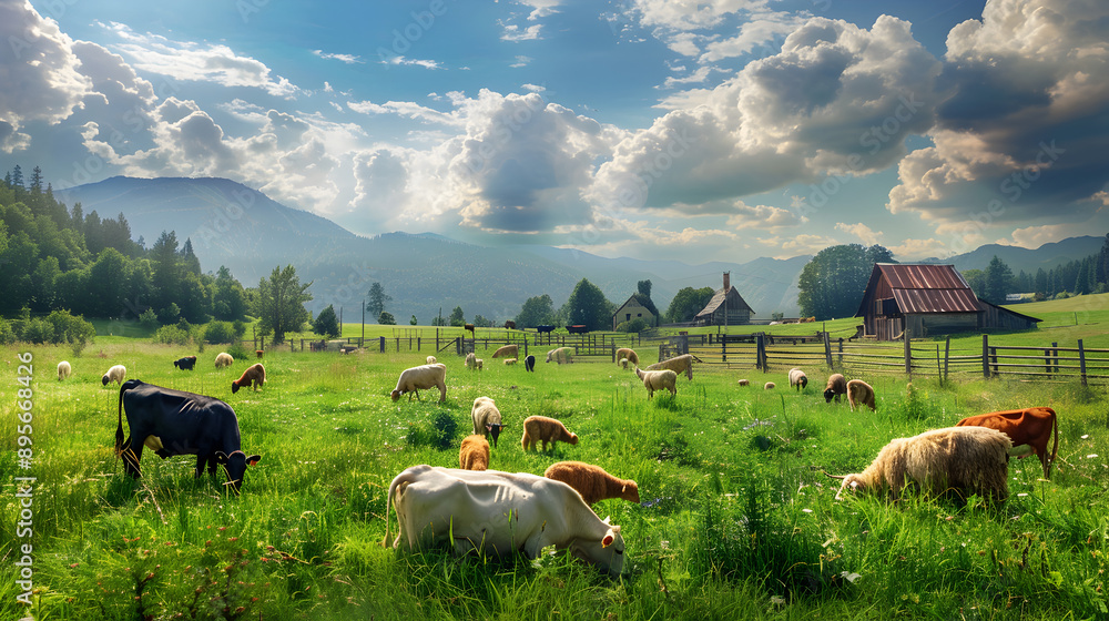 Farm Animals in a Pasture: A peaceful scene of farm animals, such as ...