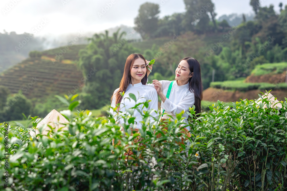 Portrait of two beautiful young Asian woman Wearing a white Vietnamese dress and holding basket ...