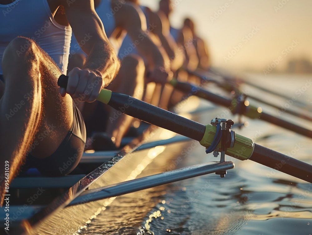 Rowing Team Competition Athletes Rowing with Oars in a Competitive ...
