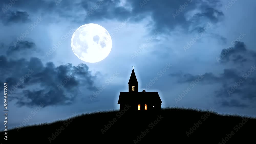 A hauntingly romantic full moon illuminates a starry sky and eerie ...