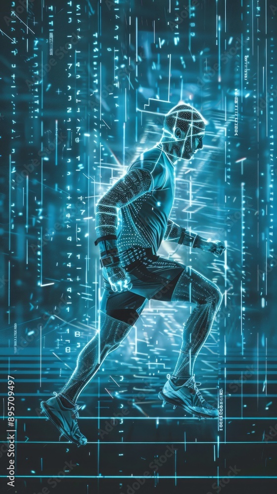 A futuristic 3D runner in a cyber world, surrounded by digital elements, in mid-motion. Dark ...