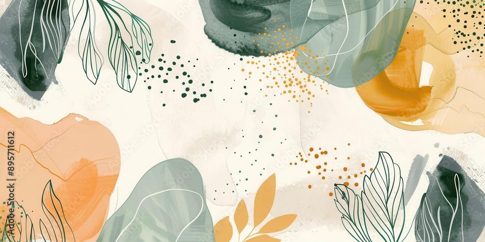 Abstract botanical illustration with orange, green, and yellow organic ...