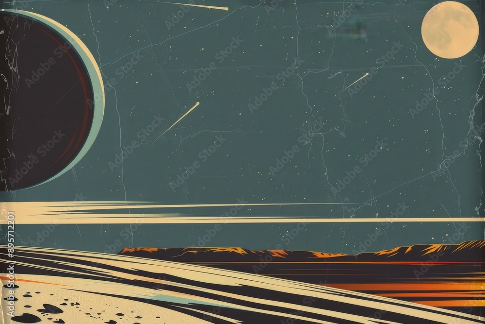 Stylized vintage 3D animation background with mountains, sun and ...