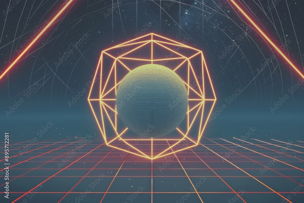 Stylized vintage 3D animation background with mountains, sun and ...