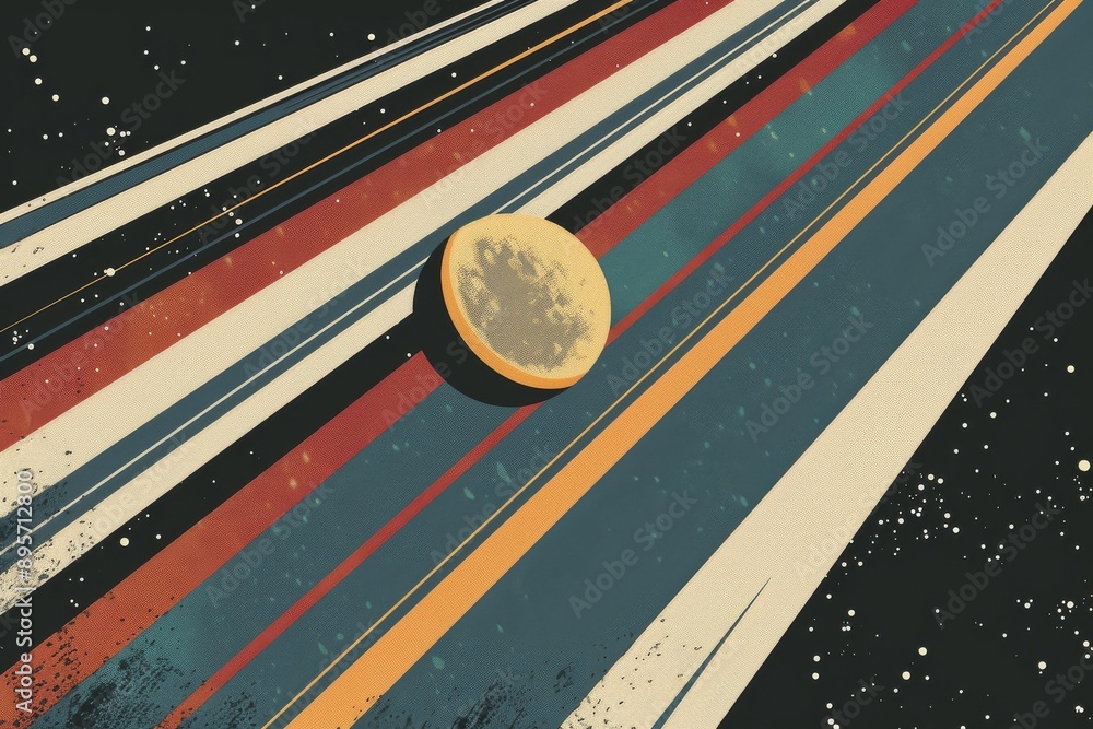 Stylized vintage 3D animation background with mountains, sun and ...