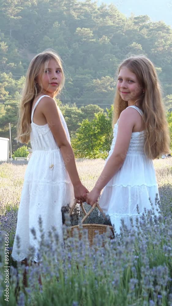 Two girls are standing in a lavender field with baskets of flowers ...