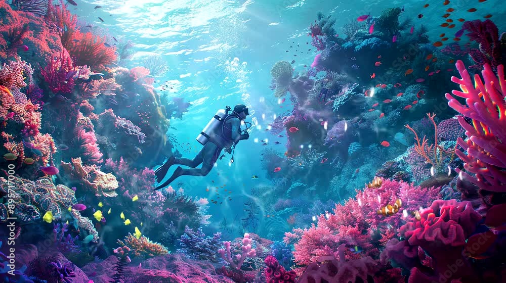 Scuba diver with fish and coral reef. Seamless looping time-lapse 4k ...
