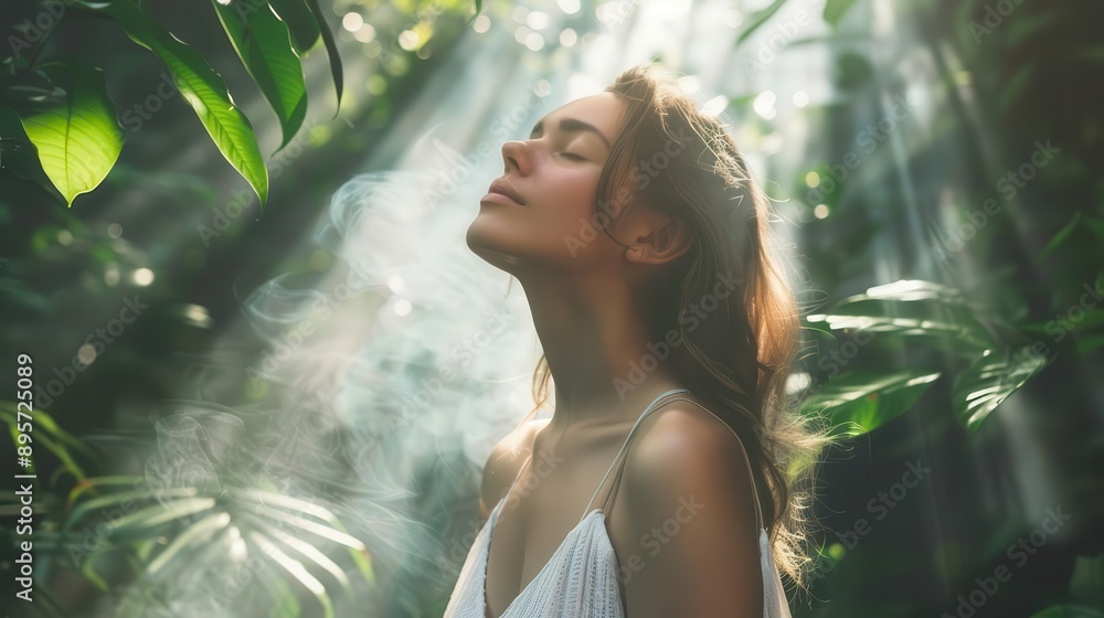 serene woman in flowing white dress eyes closed taking a deep breath in ...