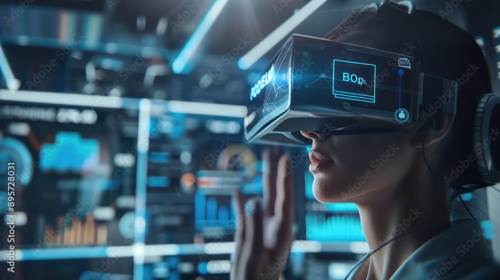 futuristic scene with a budget planner wearing virtual reality goggles ...