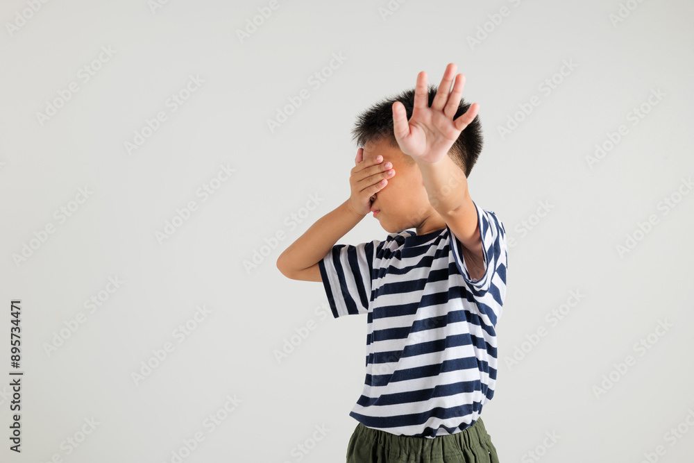 Stop hand of primary child. Asian little kid boy doing stop sing ...