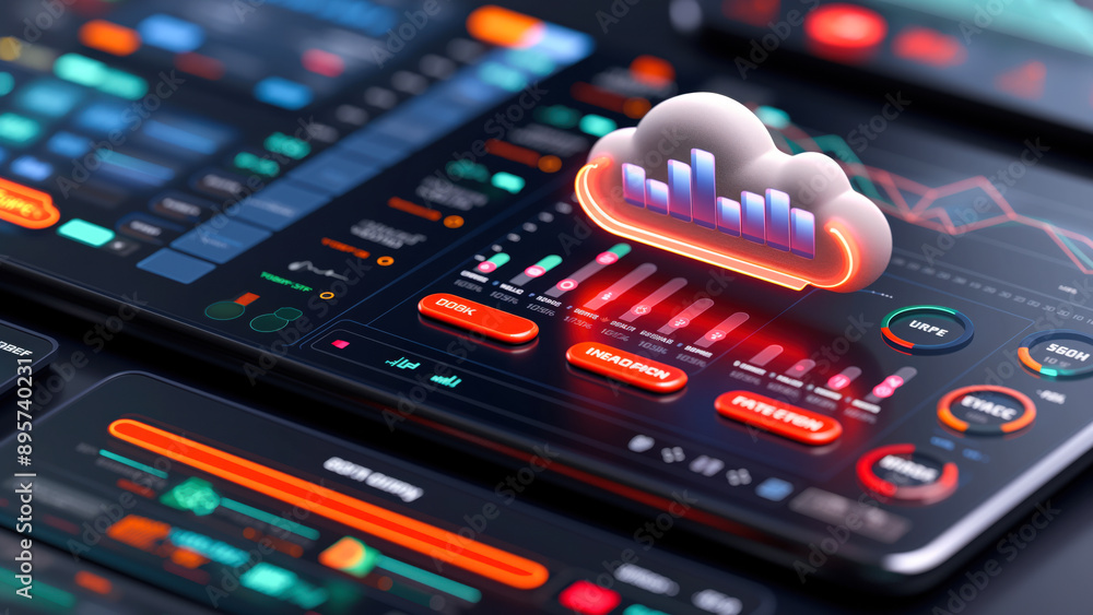 3D illustration of an advanced cloud analytics dashboard, featuring ...