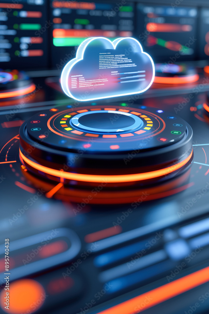 A vibrant 3D illustration of a futuristic cloud computing control panel ...