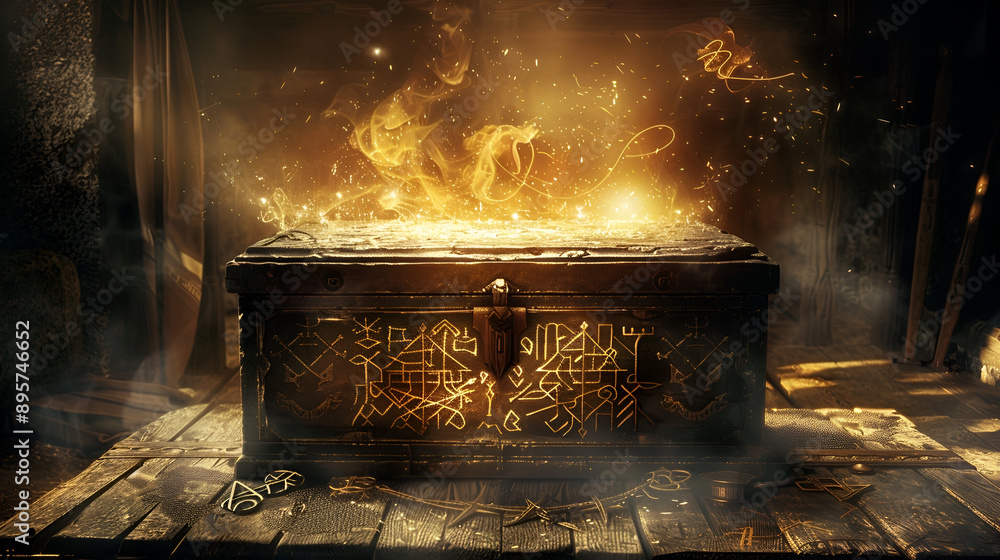 Medieval treasure chest adorned with mystical runes and ancient sigils ...