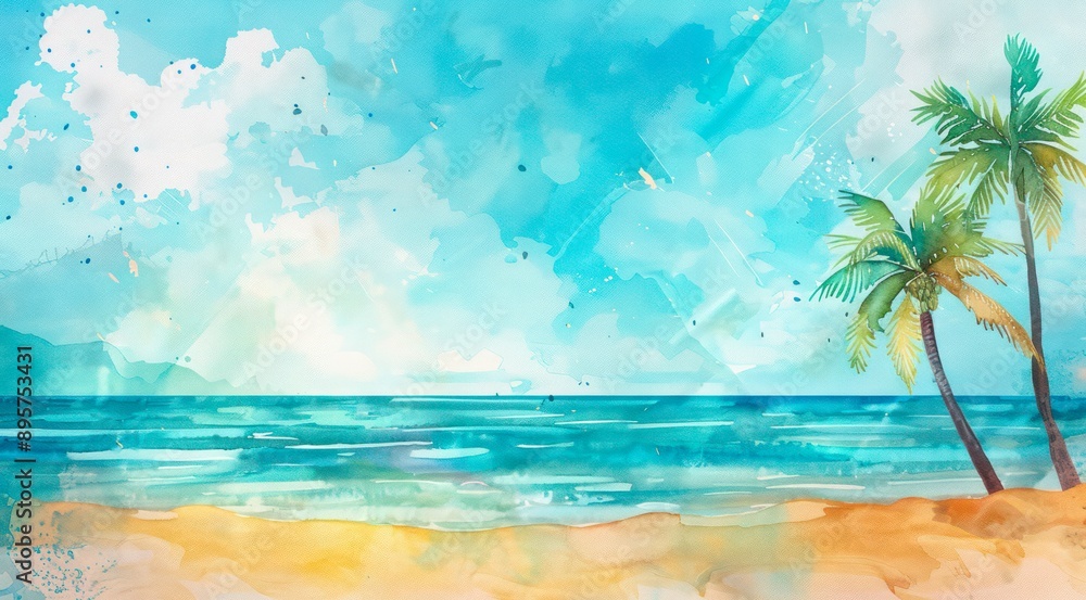 Artistic watercolor landscape of a tropical island with palm trees on a ...