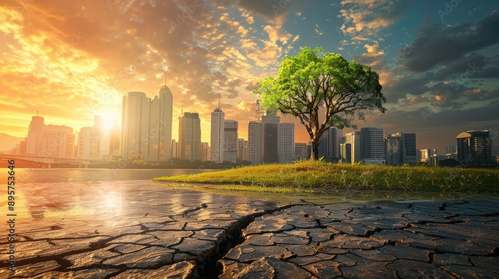 Cityscape Sunrise with Cracked Earth and Lone Tree: A solitary tree ...
