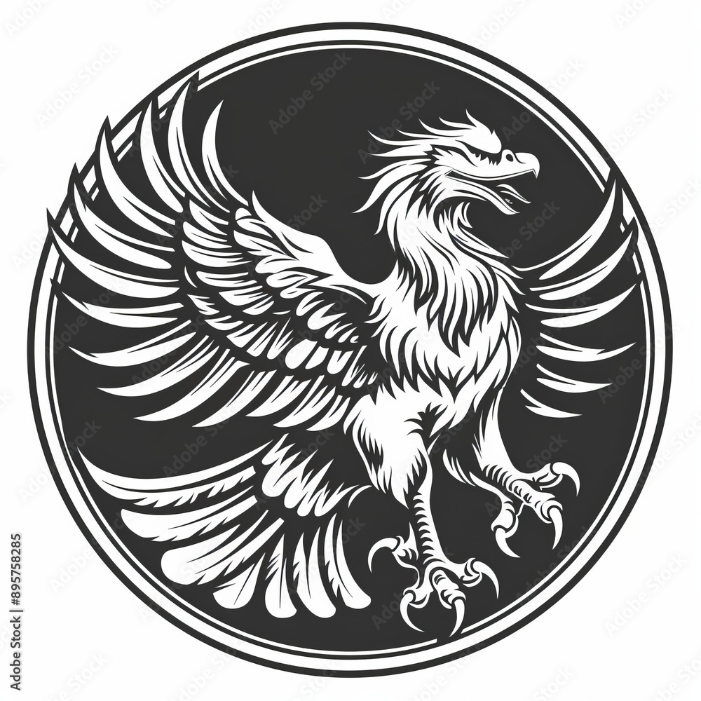 Intricate black and white phoenix design in a circular frame ...