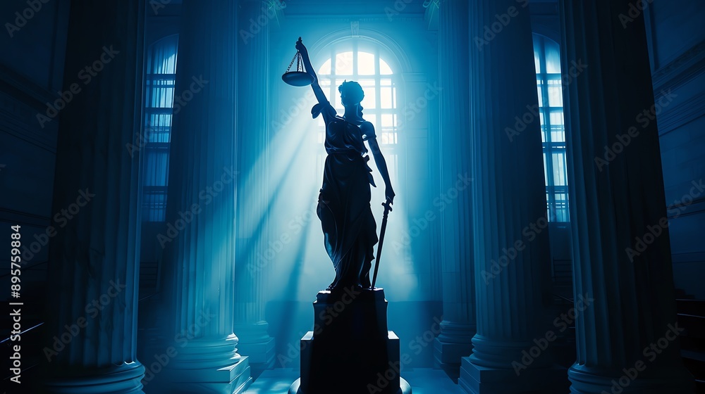 Silhouette of Lady Justice with scales and sword in grand hall ...