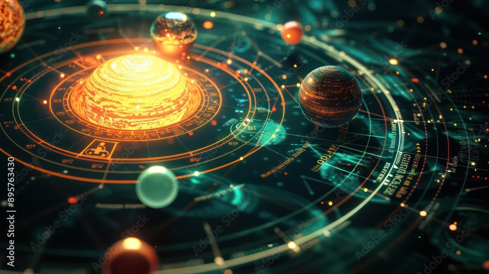 high-concept visualization of a budget as a digital solar system, with ...