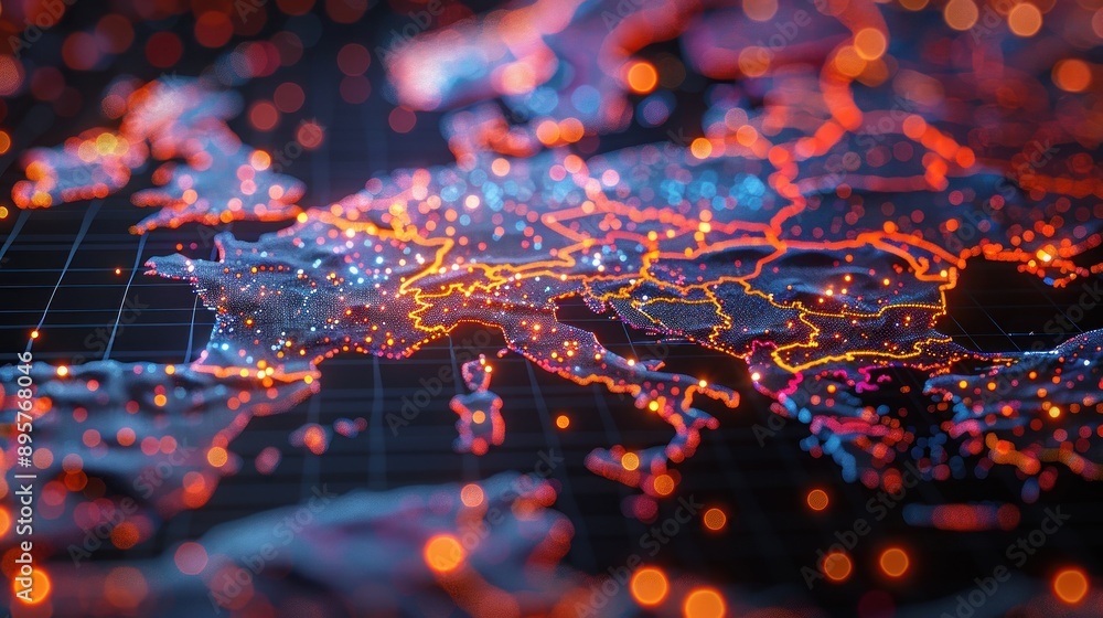 Digital map showing Europe borders with glowing lines and city lights ...
