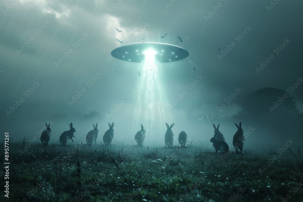 A group of rabbits are transfixed by a UFO beaming light down into a misty field during a rainy ...