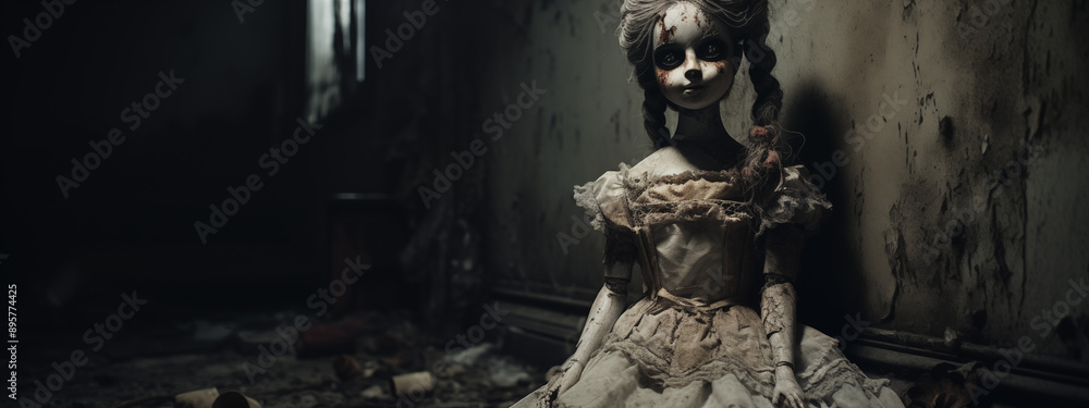 Disturbing Antique Doll in Dark and Decayed Room with Torn Dress and ...