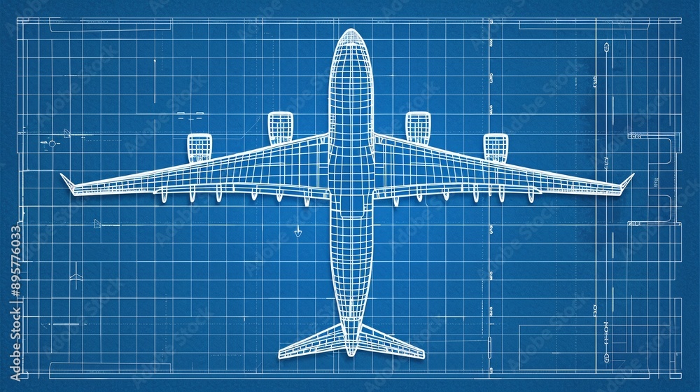 A vector illustration of an airplane blueprint depicting a top view ...