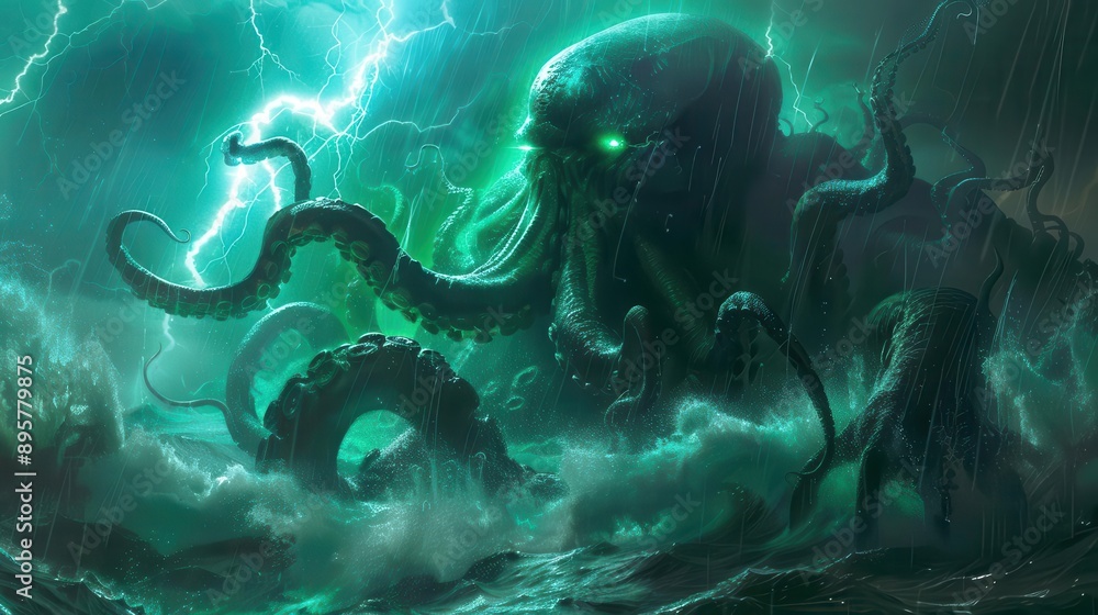 colossal cthulhu emerging from stormy seas tentacles writhe against a ...