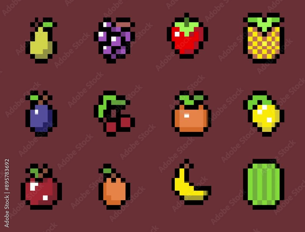 fruits pixel art animaion, collection set, 12 fruits, pixel art, black ...