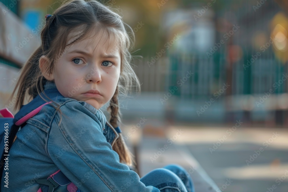 sad Crying child girl on the ground at the schoolyard. Loneliness ...