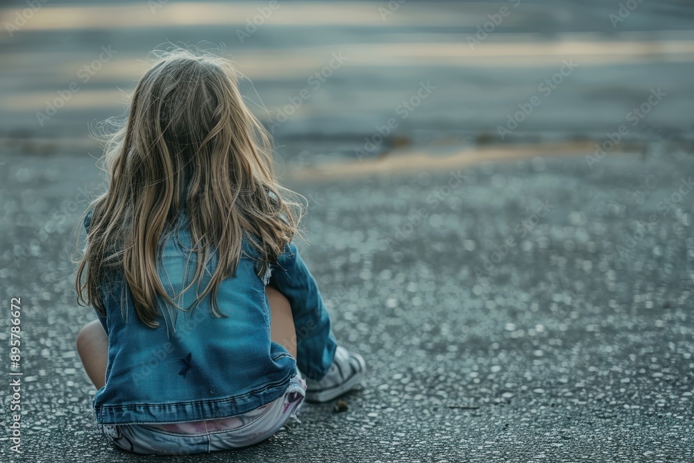 sad Crying child girl on the ground at the schoolyard. Loneliness ...