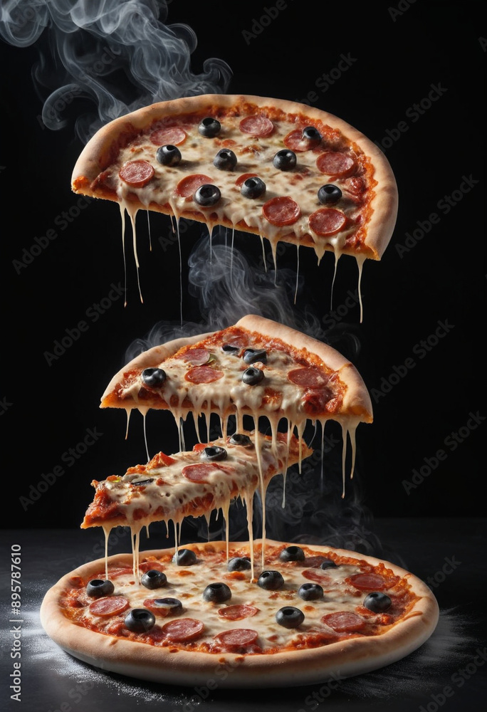 Levitating pizza with wisps of smoke rising from the crust. Stock Photo ...