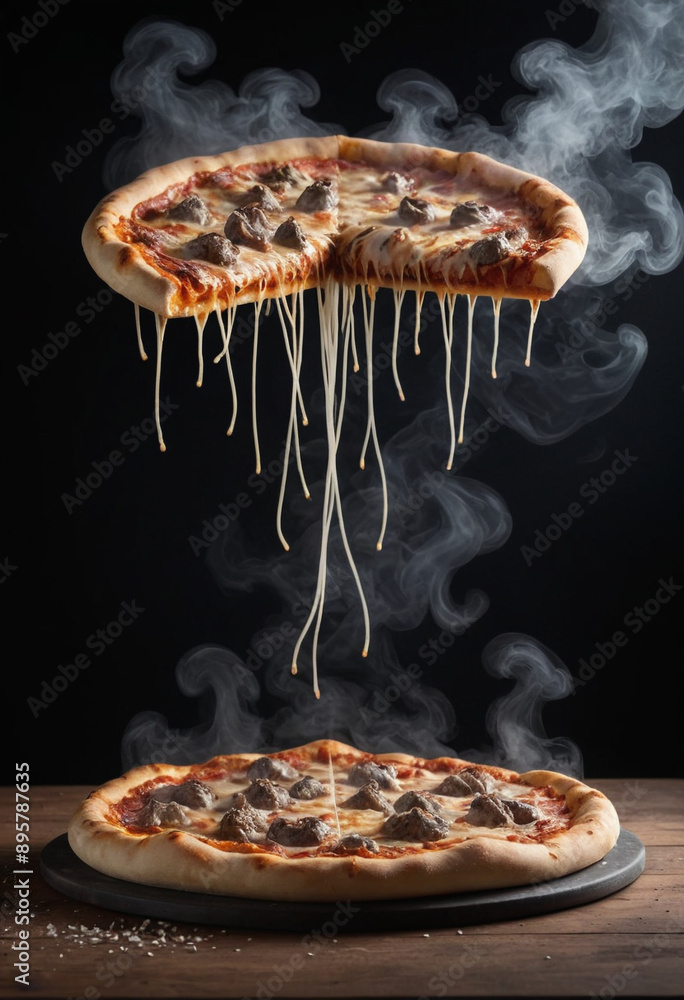 Levitating pizza with wisps of smoke rising from the crust. Stock Photo ...